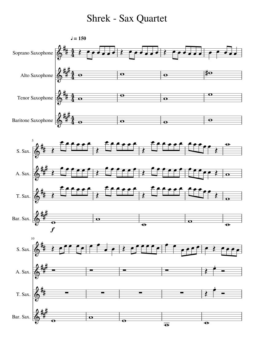 Shrek Medley - Saxophone Quartet Sheet Music for Saxophone alto ...