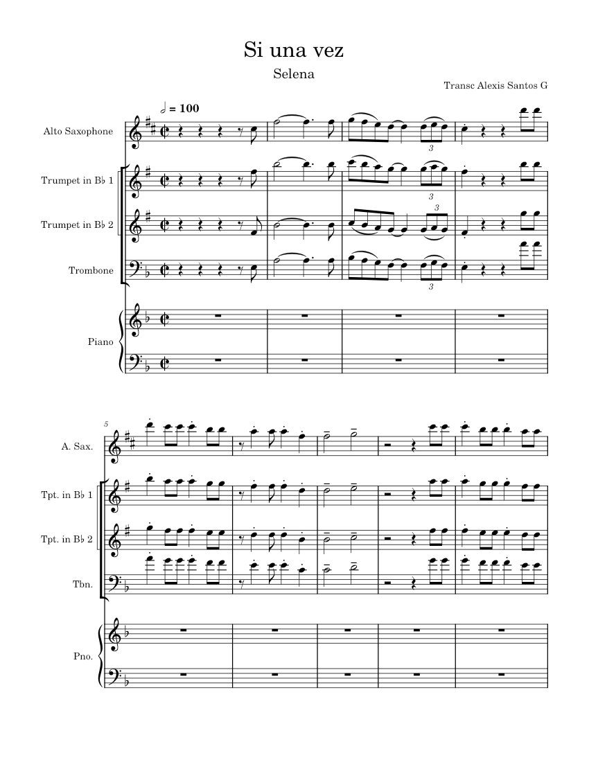 Si una vez - Selena Sheet Music for Piano, Trombone, Saxophone alto ...