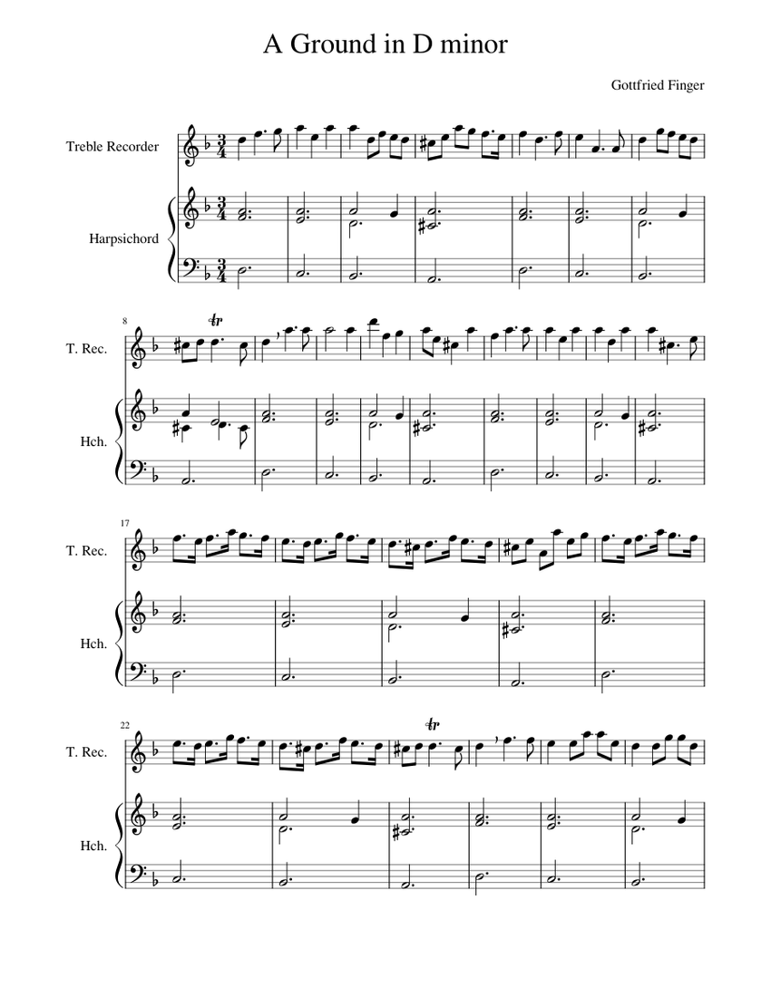 A Ground in D minor Sheet music for Harpsichord, Recorder (Mixed Duet ...