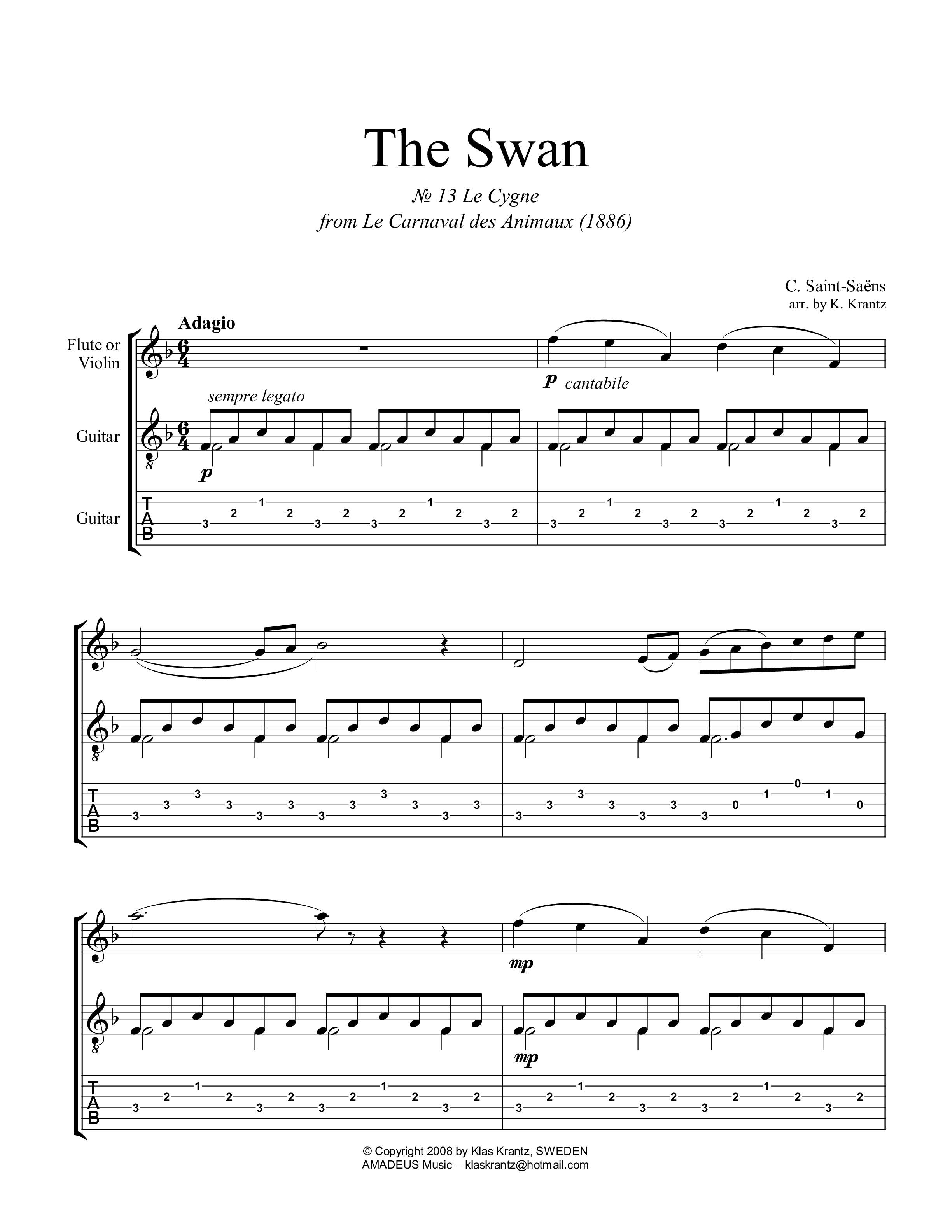 Play Official version of The Swan (Le Cygne) Sheet Music by Camille Saint-Saëns for Flute ...