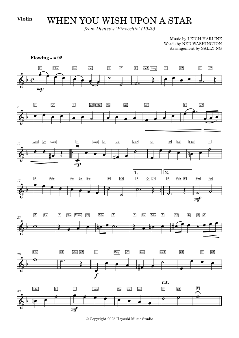 When You Wish Upon a Star – Ned Washington and Leigh Harline (violin arrangement by Sally Ng ...