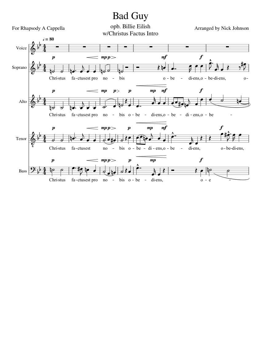 Bad Guy - Billie Eilish A Cappella SATB Sheet music for Soprano, Alto ...