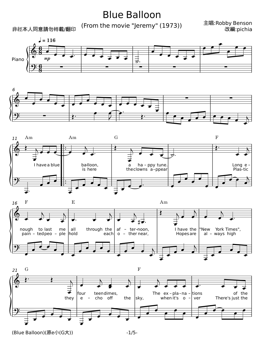 Blue Balloon Sheet Music with Chords for Piano (Solo) easy | MuseScore.com