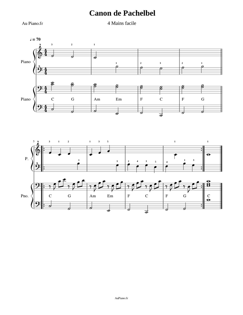 Canon de Pachelbel 4 mains Sheet music for Piano (Piano Duo ...