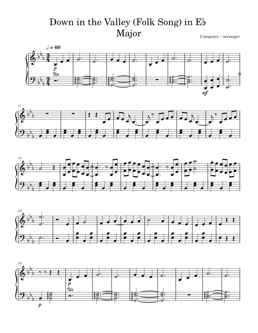 Down in the Valley (Folk Song) in E♭ Sheet Music for Piano (Solo) Easy ...
