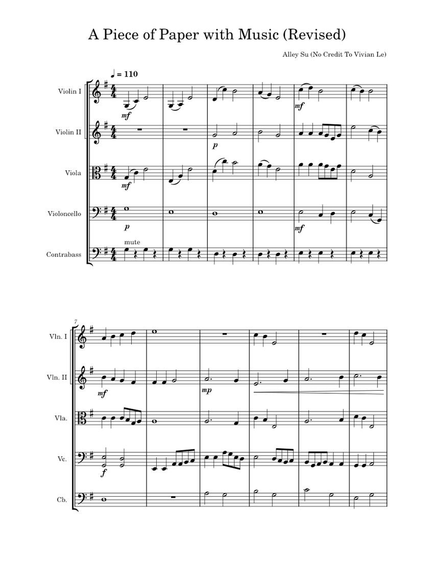 A Piece of Paper with Music Revised Sheet music for Contrabass, Violin ...