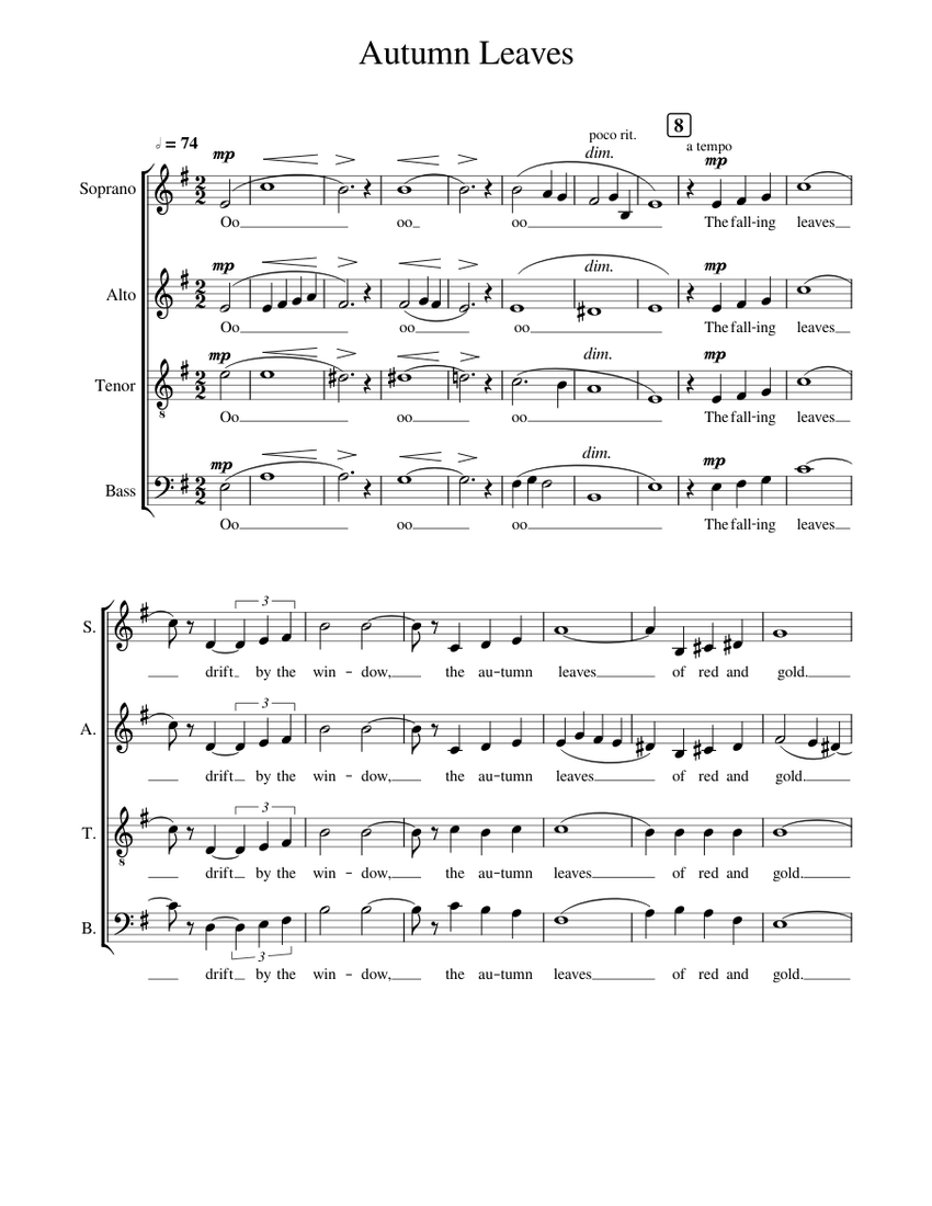 Autumn Leaves - 1 Sheet music for Soprano, Alto, Tenor, Bass voice ...