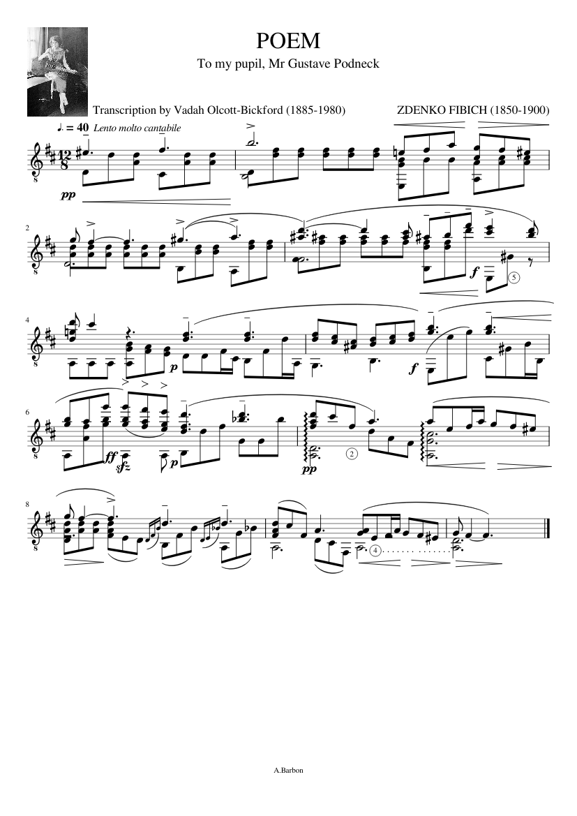 POEM by Zdenko Fibich Transcription by Olcott-Bickford for guitar Sheet ...