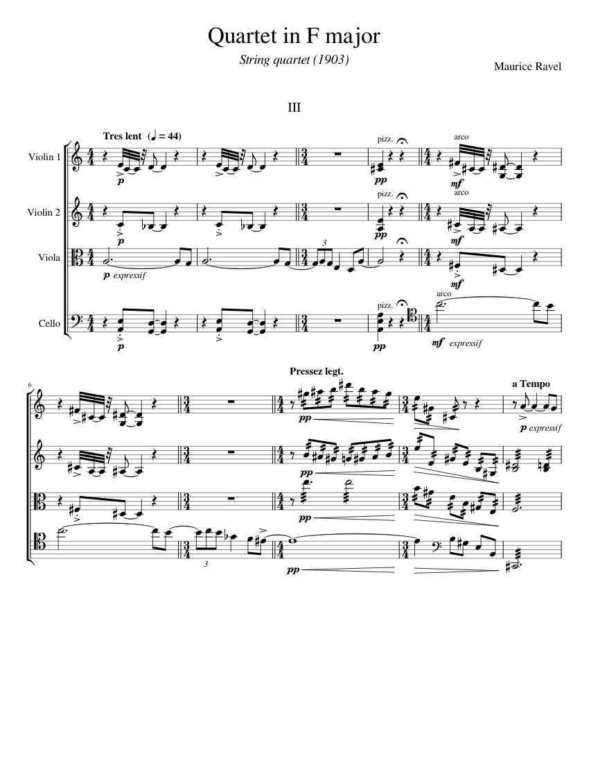 Quartet in F major – Maurice Ravel String quartet in F major, III Sheet music for Violin, Viola ...