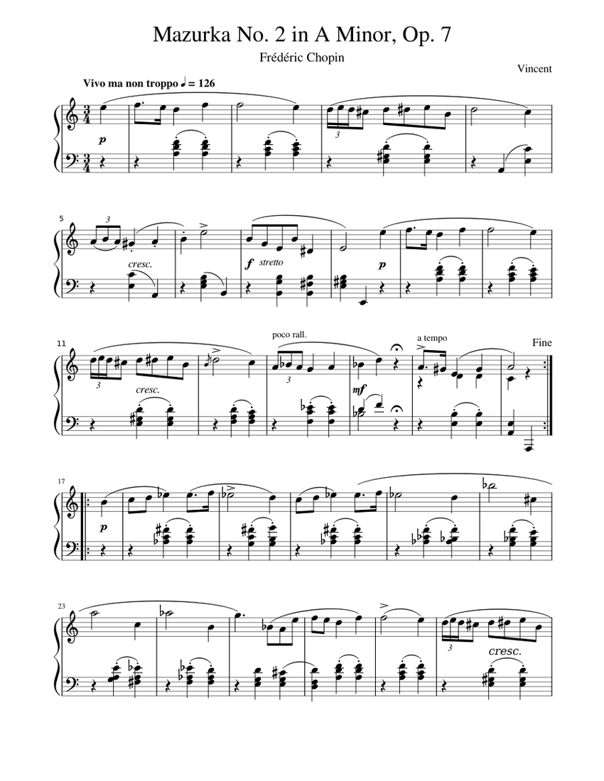Chopin - Mazurka No. 2 in A Minor, Op. 7 Sheet music for Piano (Solo) | Musescore.com