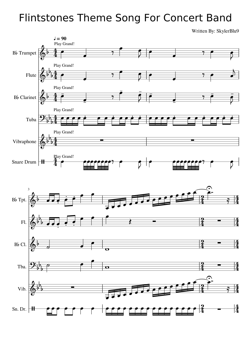 Flintstones Theme Song For Concert Band Sheet Music for Tuba, Flute ...