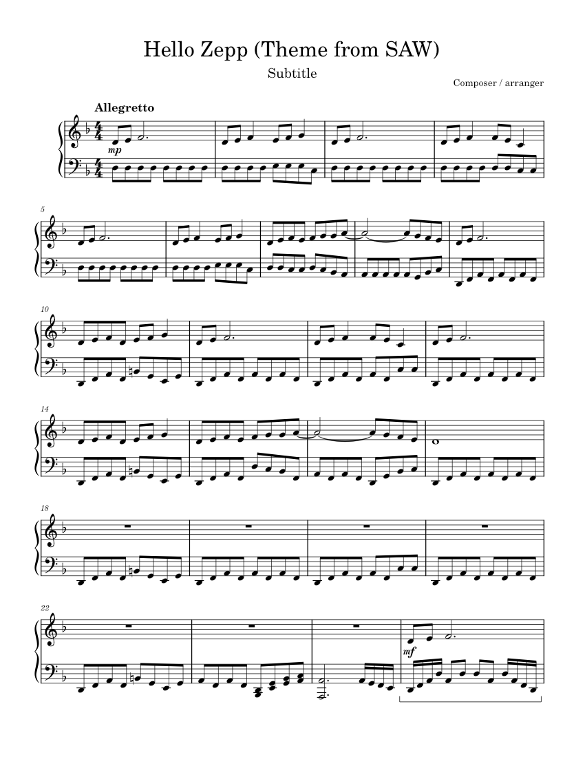 Hello zepp – Charlie Clouser Hello Zepp (Theme from Saw) Sheet Music for Piano (Solo ...