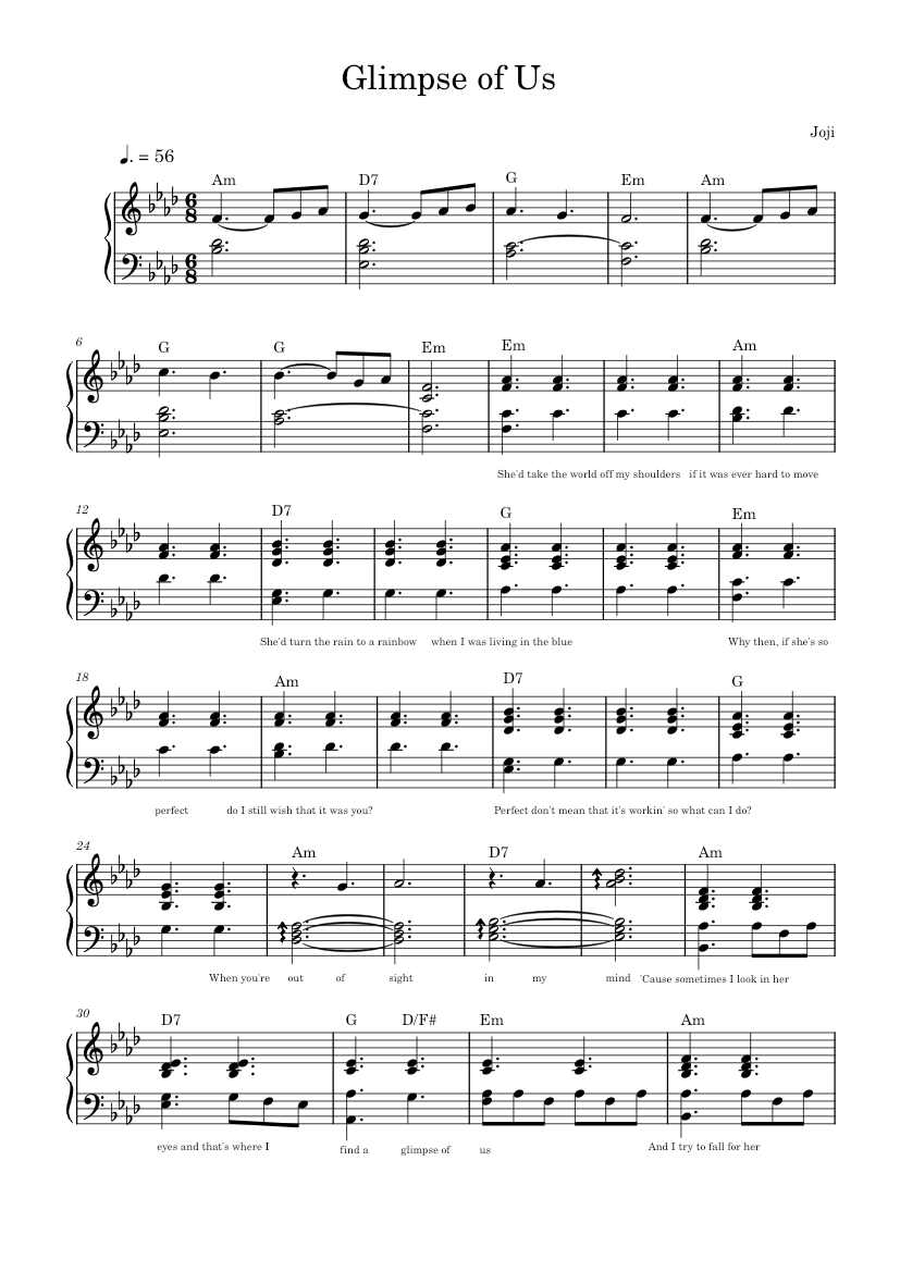 Joji - Glimpse of Us - Piano Ver. with Chords and Lyrics Sheet music ...