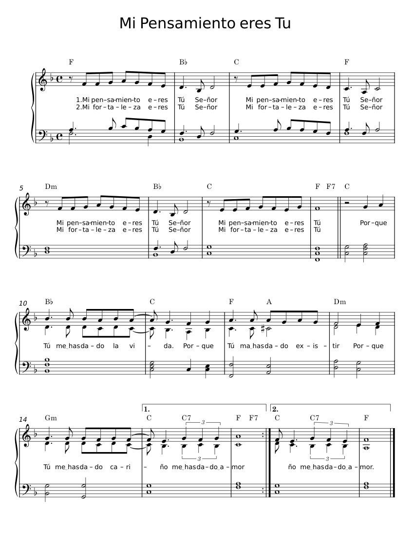 Mi Pensamiento eres Tu Sheet Music with Chords for Piano (Piano Duo ...