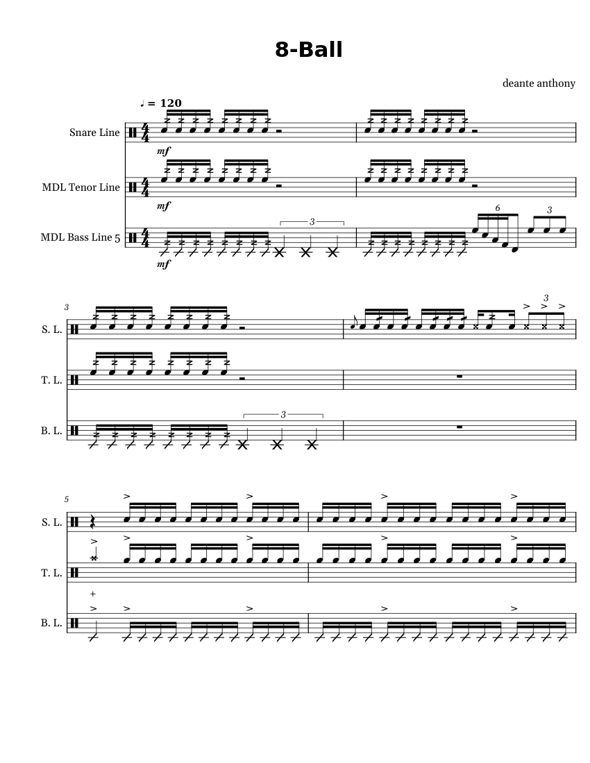8 ball drumline warmup Sheet music for Snare drum, Tenor drum, Bass ...