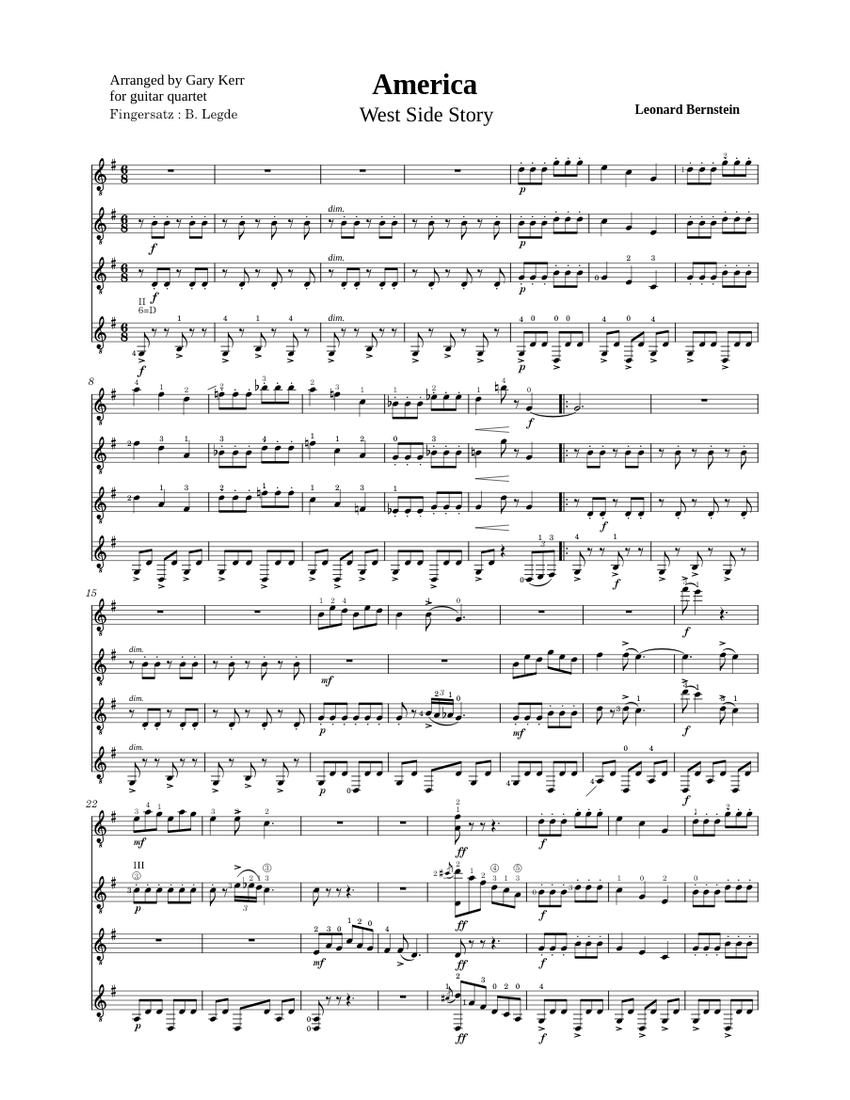 America west side story – Leonard Bernstein Sheet music for Guitar ...