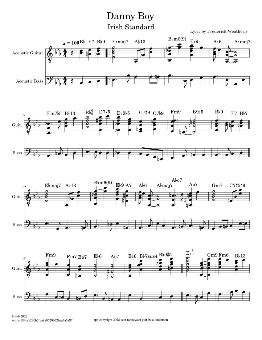 Danny Boy – Frederick Weatherly (lyric) Sheet music for Guitar, Bass ...