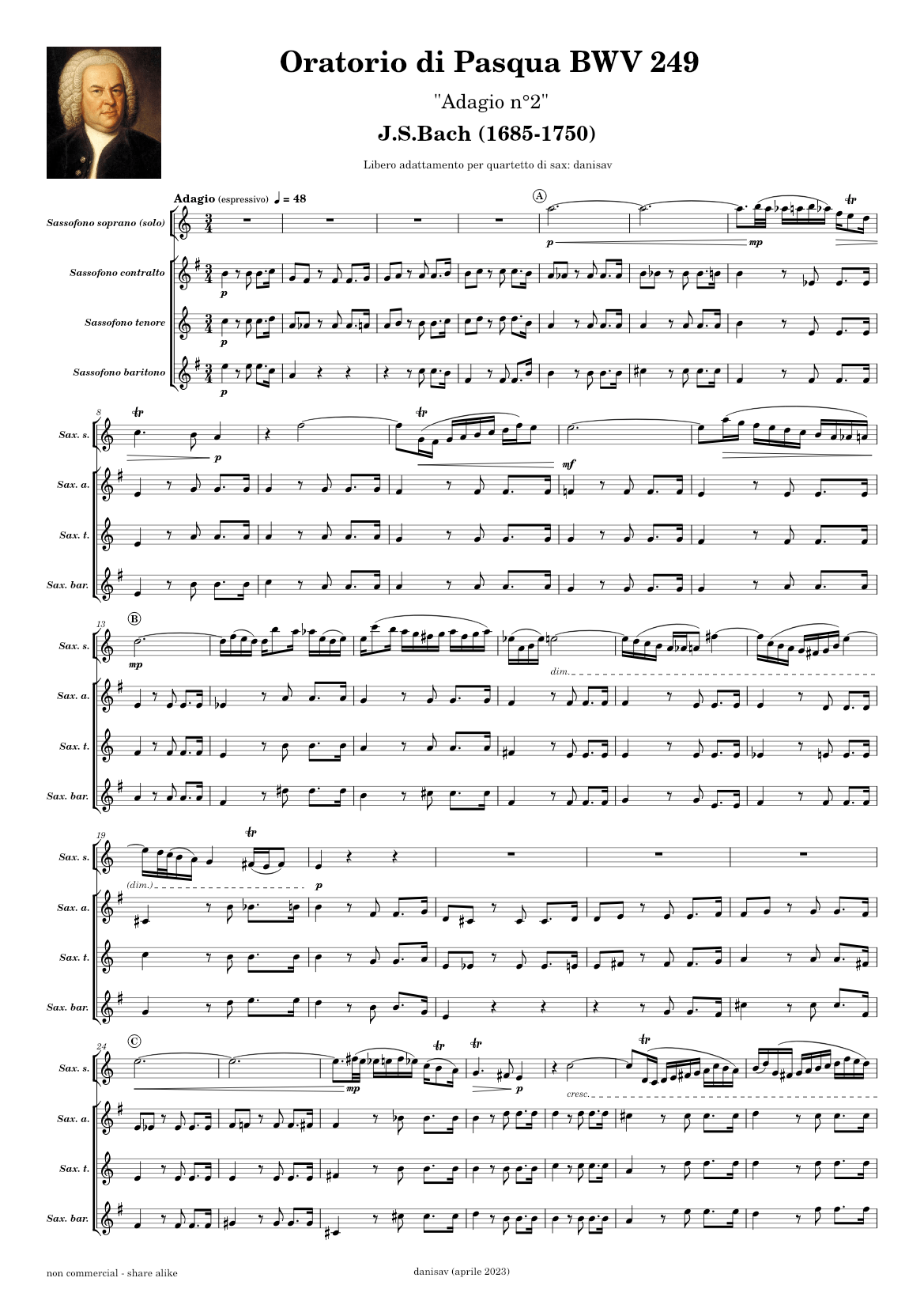 Bach J.S. Oratorio di Pasqua BWV 249 (Adagio n°2) per 4 SAX Sheet music ...