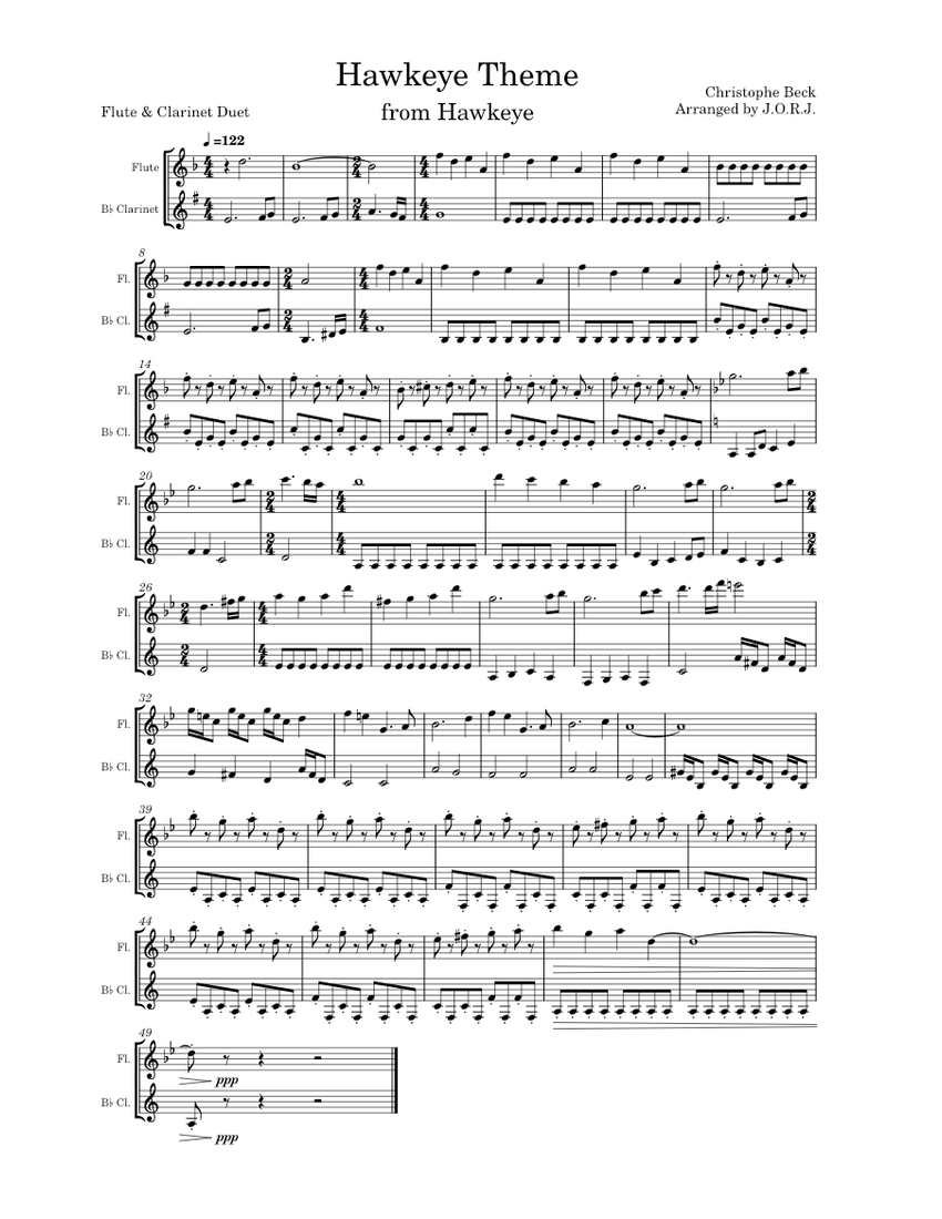 Hawkeye Theme - Christophe Beck| Flute & Clarinet Duet Sheet music for ...