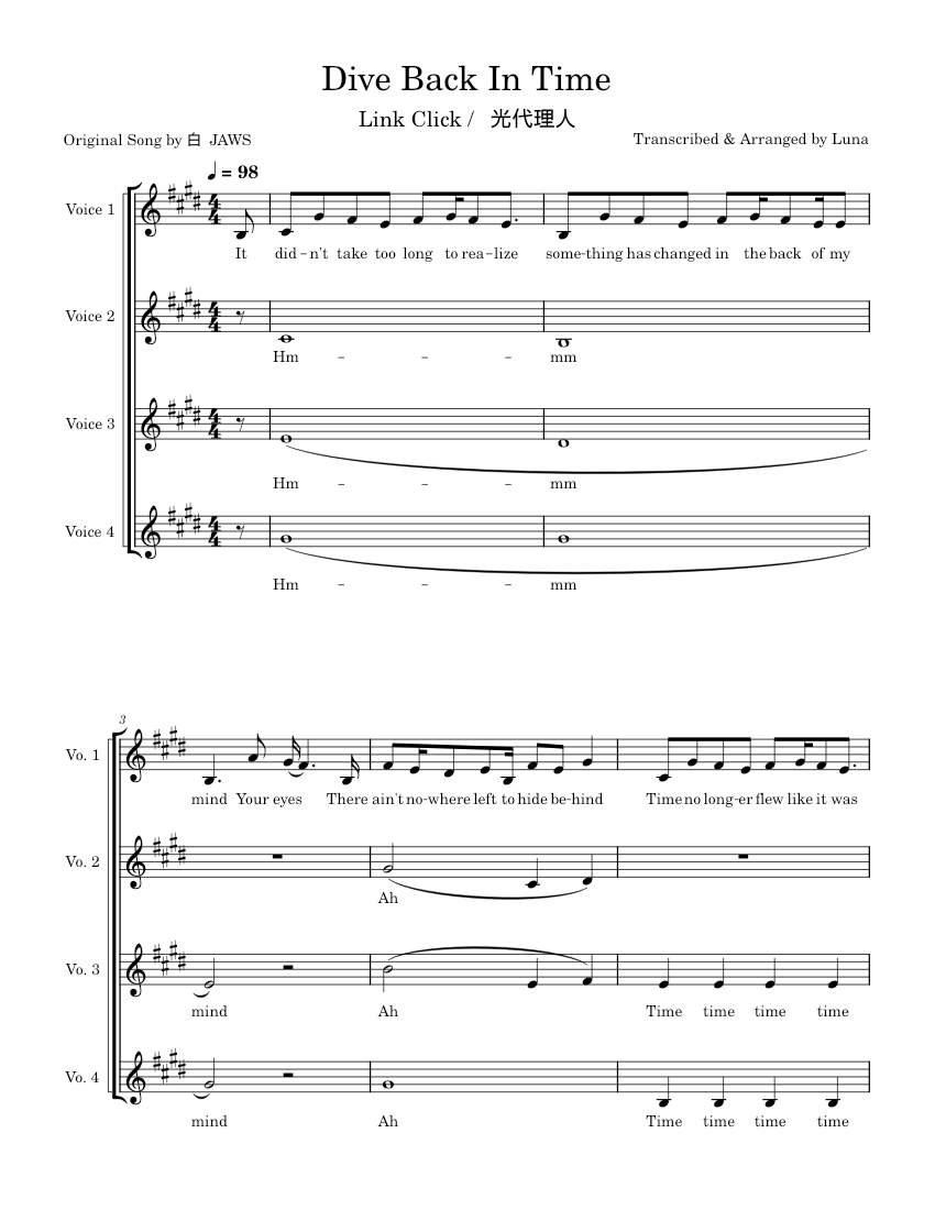 Dive Back In Time – 白鲨JAWS [Acapella] Sheet music for Voice (other) (A ...