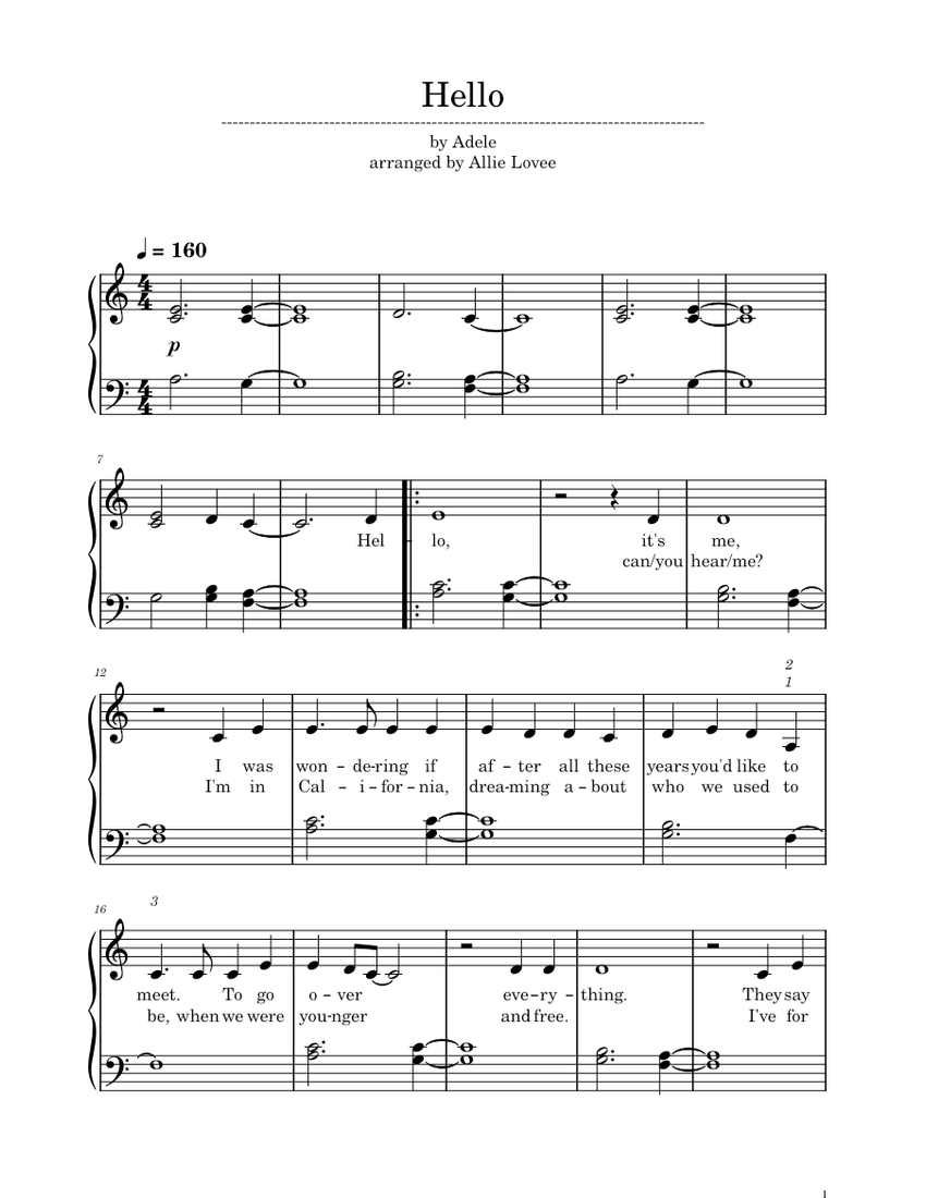 Hello – Adele Sheet music for Piano (Solo) Easy | Musescore.com
