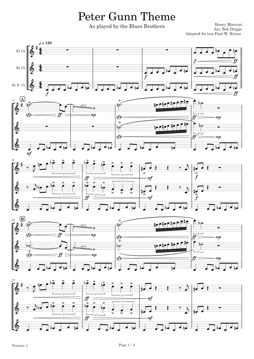 Peter gunn theme – Henry Mancini - as played by the Blues Brothers Sheet Music for Clarinet in e ...