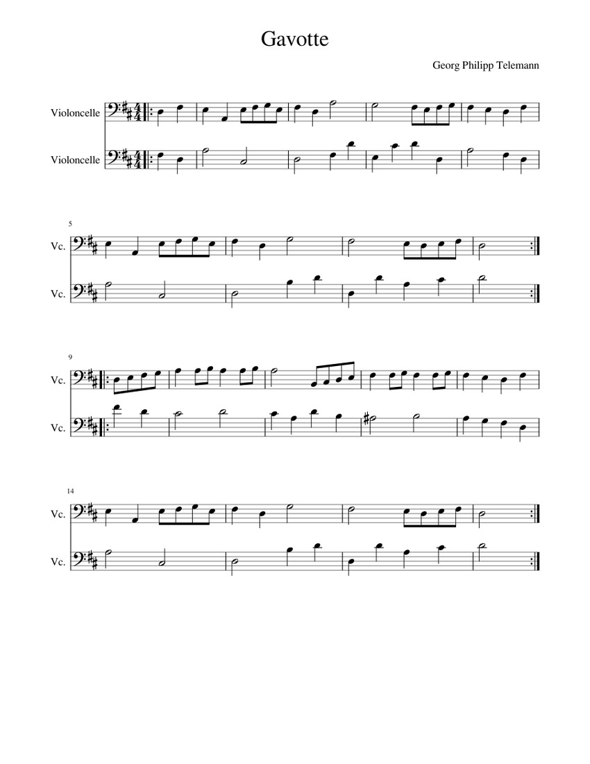 Gavotte de Telemann 2 cellos.mscz Sheet music for Cello (String Duet ...