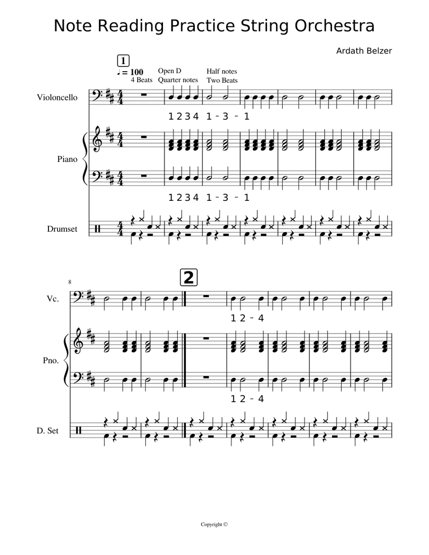 Note Reading Cello Sheet music for Piano, Cello, Drum group (Mixed Trio ...