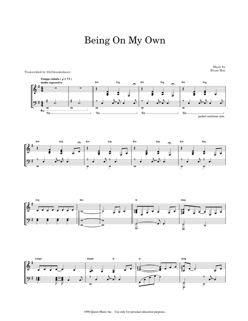 Being On My Own - Brian May Sheet music for Piano (Solo) Easy ...