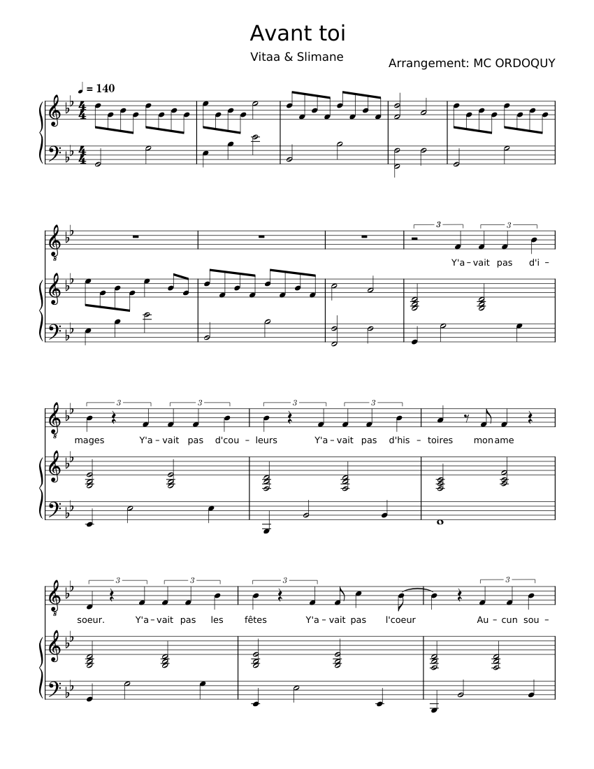 Avant toi - Vitaa & Slimane Sheet Music for Piano, Vocals, Drum group ...