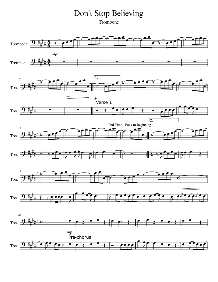 Dont stop believing trombone duet Sheet music for Trombone (Brass Duet) | Musescore.com