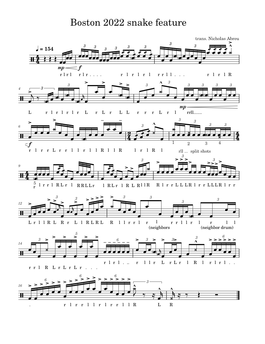 Boston 2022 snake feature TRANSCRIPTION Sheet music for Tenor drum ...