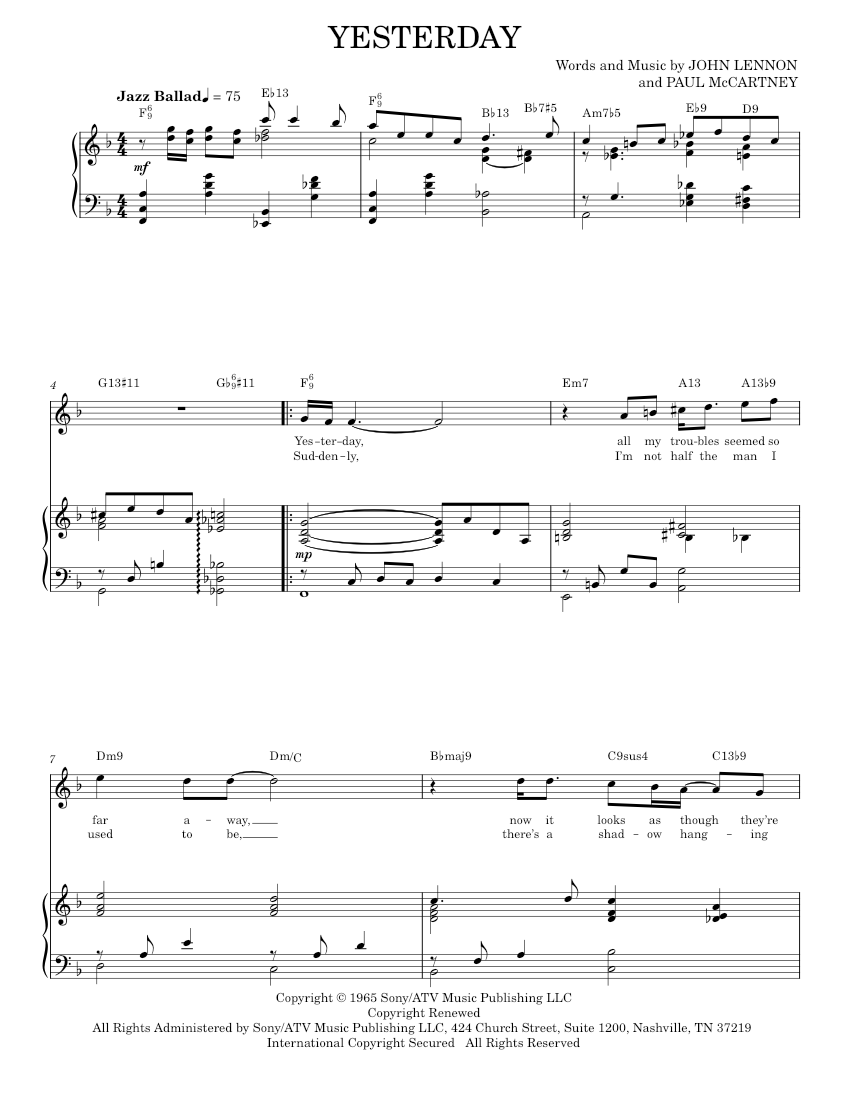 Play Official version of Yesterday Sheet Music by The Beatles for Piano ...