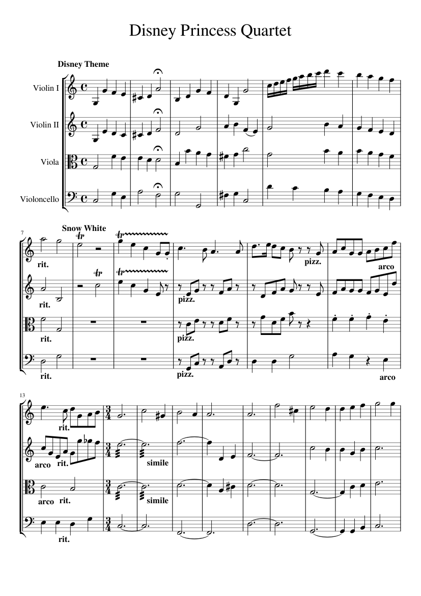 Disney Princess Quartet Sheet Music for Violin, Viola, Cello (String ...