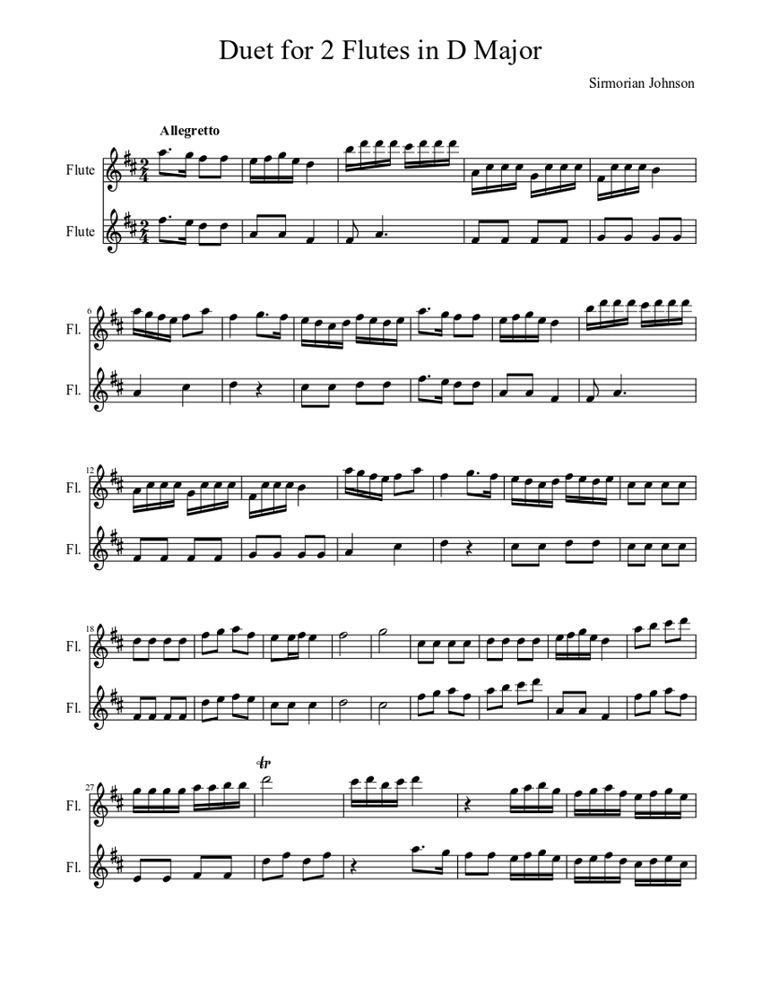 Duet In D Major For Two Flutes Sheet music for Flute (Woodwind Duet ...