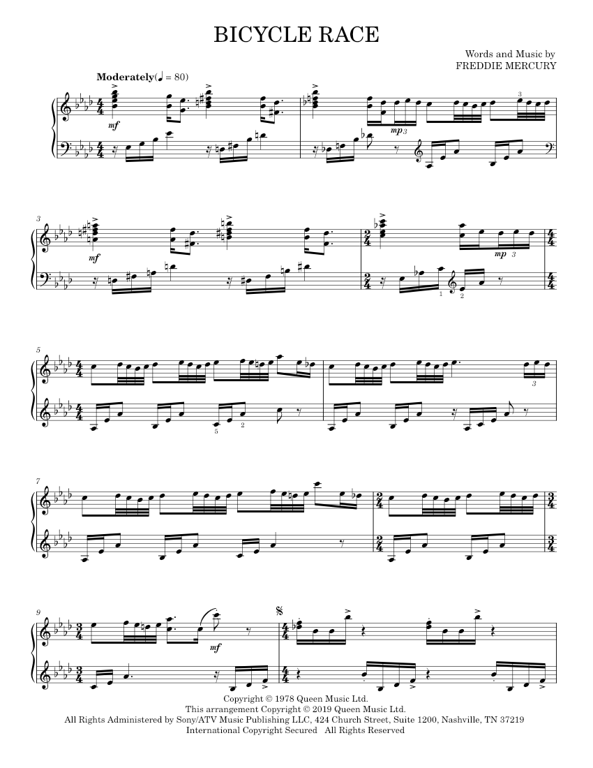 Play Official version of Bicycle race sheet music by Queen for Piano ...