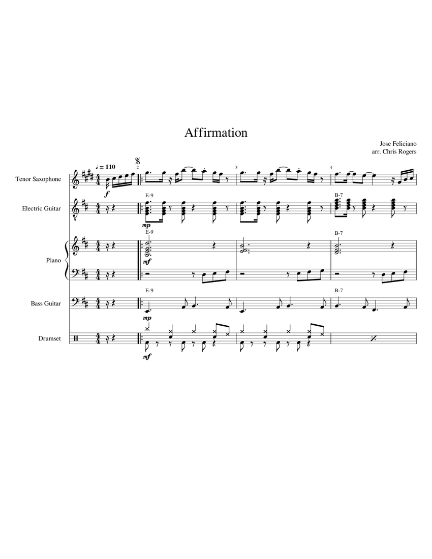 Affirmation Sheet music for Piano, Saxophone tenor, Guitar, Bass guitar ...