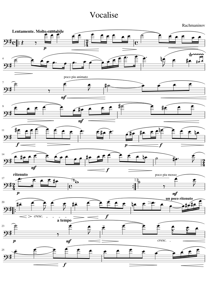 Vocalise Sheet Music for Cello (Solo) | MuseScore.com