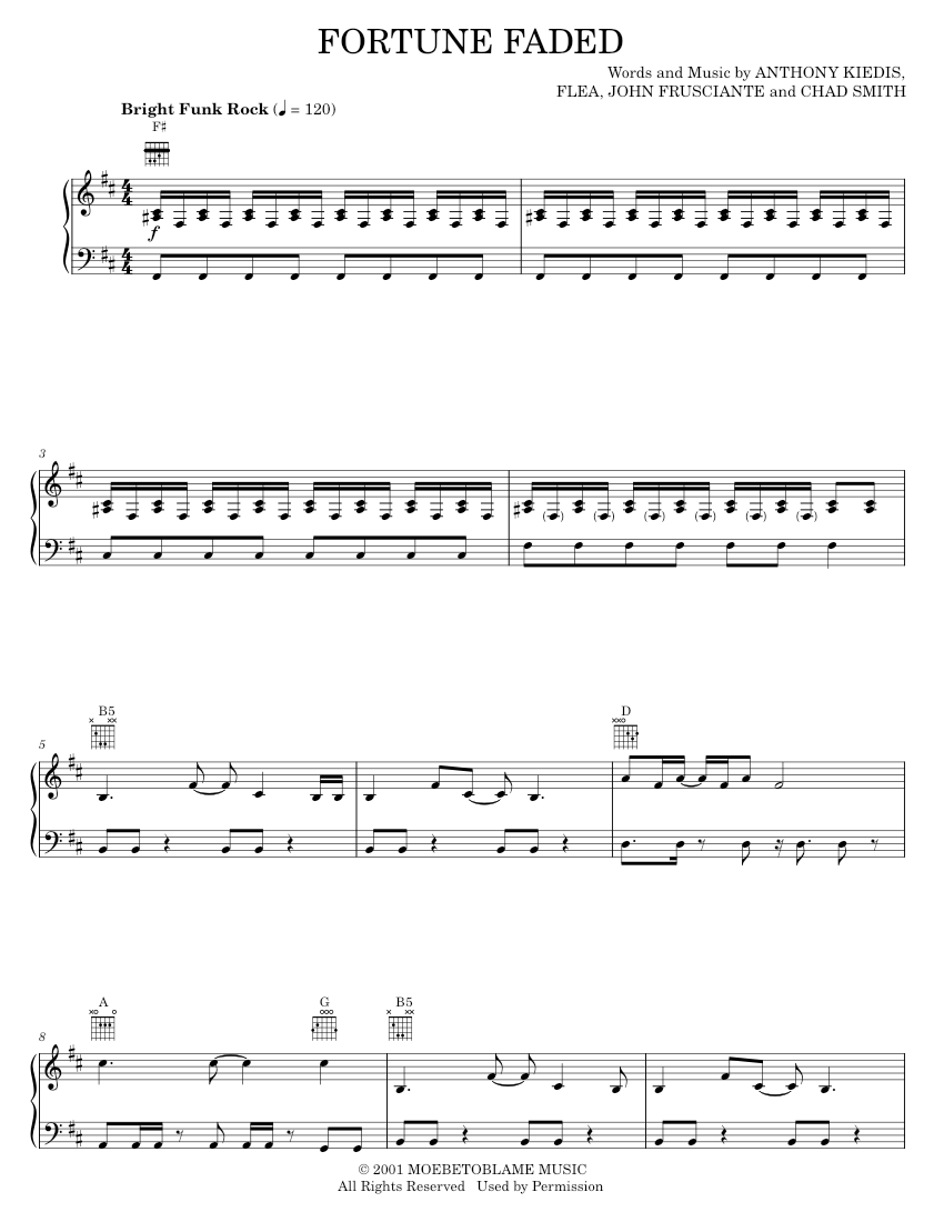 Play Official version of Fortune faded sheet music by Red Hot Chili ...