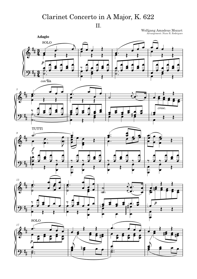 Clarinet Concerto in A major, K.622 – Wolfgang Amadeus Mozart (2. Adagio, arr. piano solo) Sheet ...