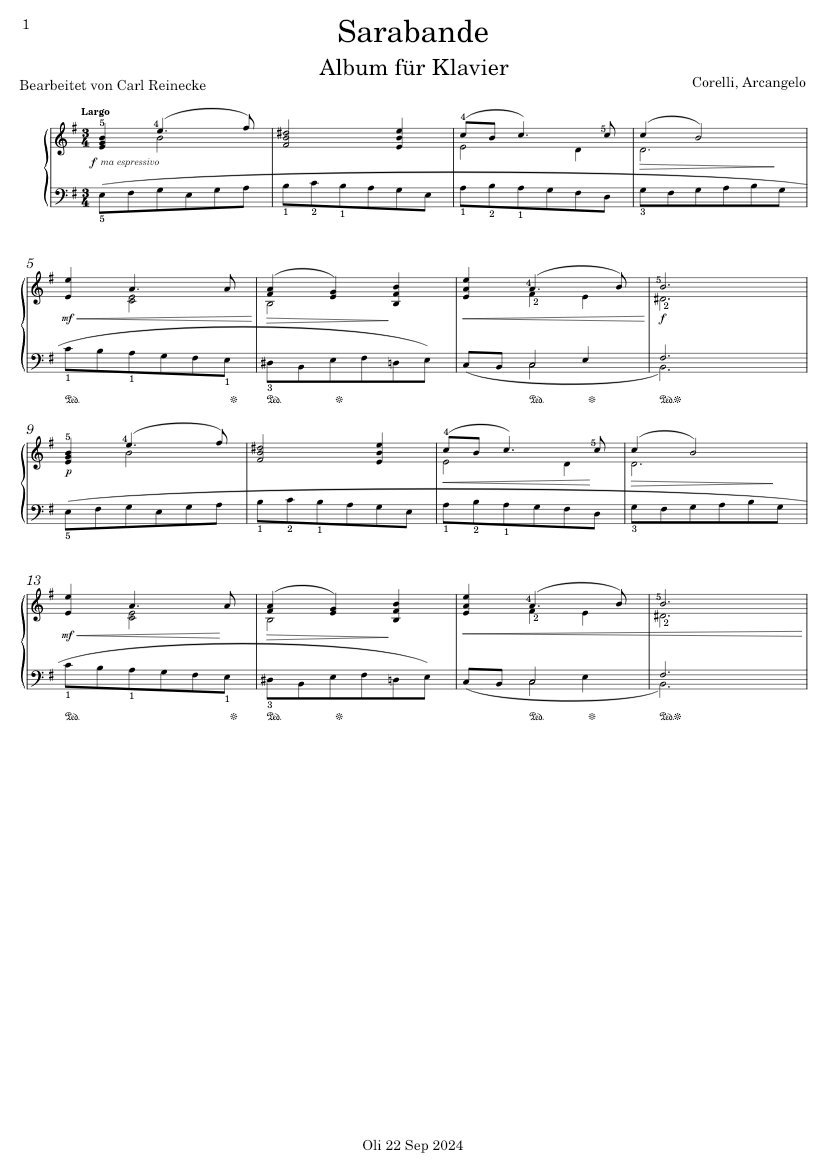 01 Corelli Sarabande in E Minor Sheet Music for Piano (Solo) easy ...