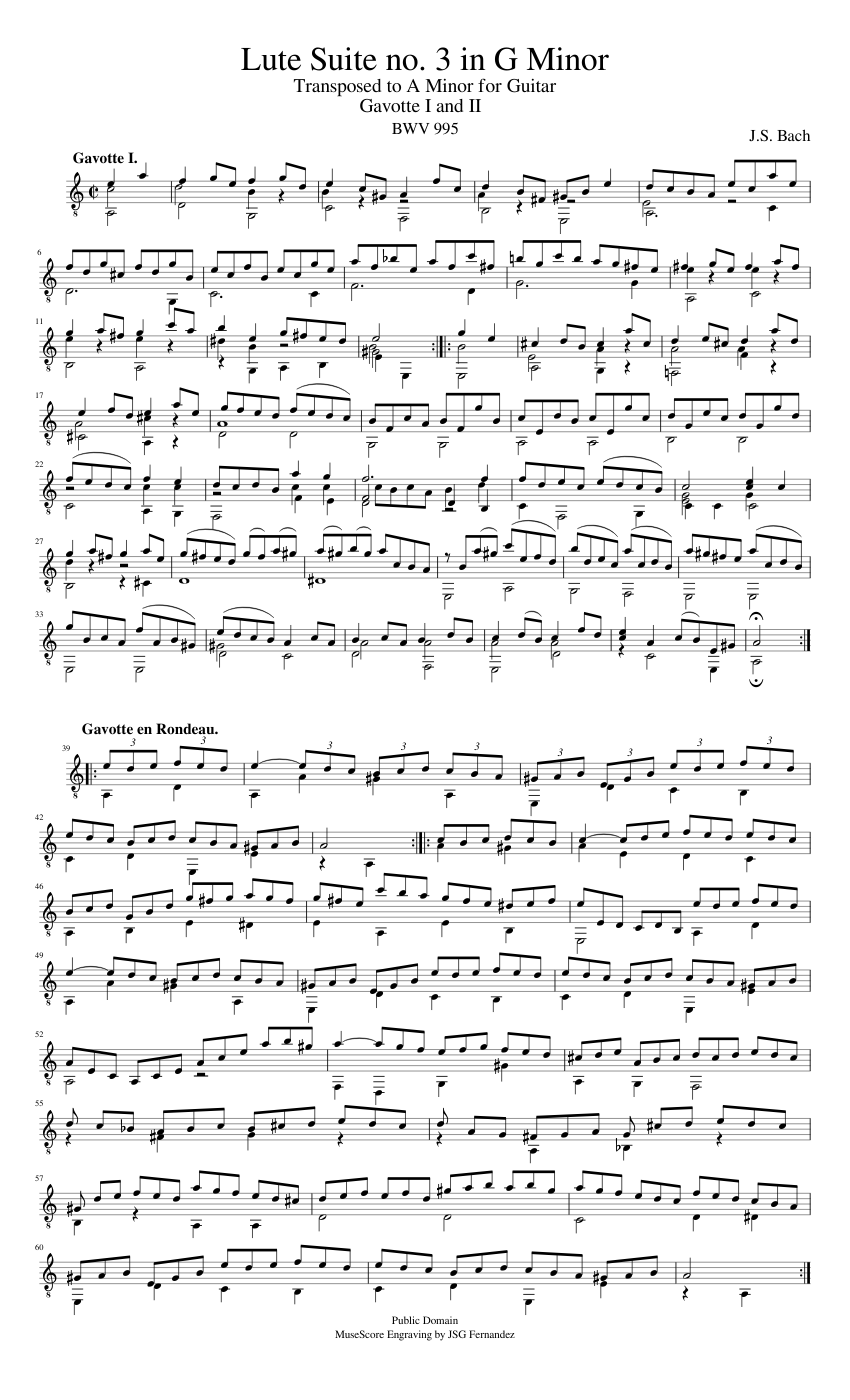 BWV 995: Lute Suite no. 3 in G Minor, Gavotte I & II (Transposed to A ...