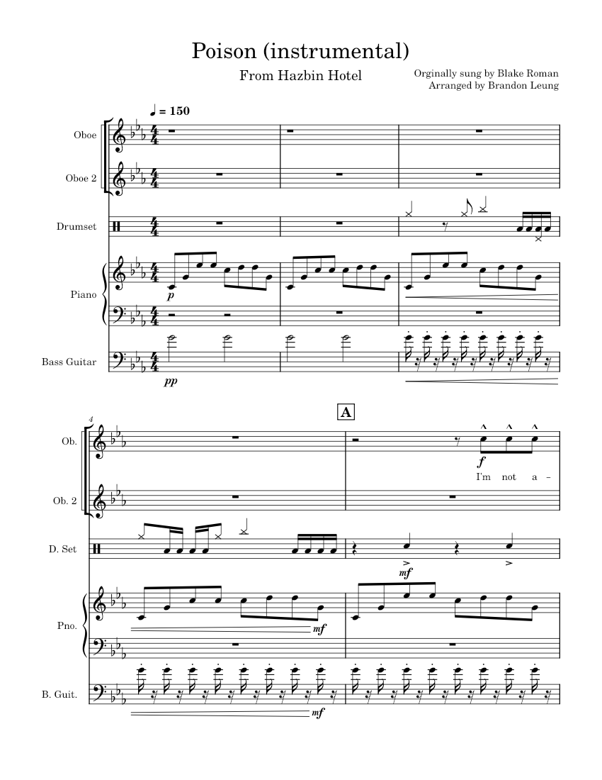 Poison - Hazbin Hotel Sheet music for Piano, Oboe, Bass guitar, Drum ...