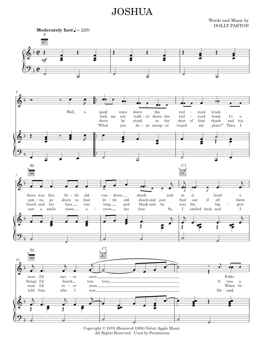 Play Official version of Joshua sheet music by Dolly Parton for Piano ...