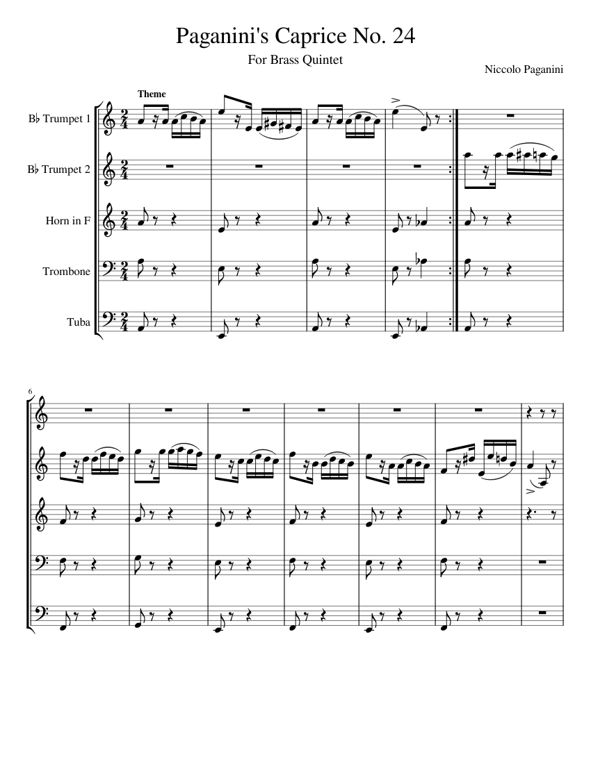 Paganini's Caprice 24 for Brass Quintet- Aidan Hamer Sheet music for ...