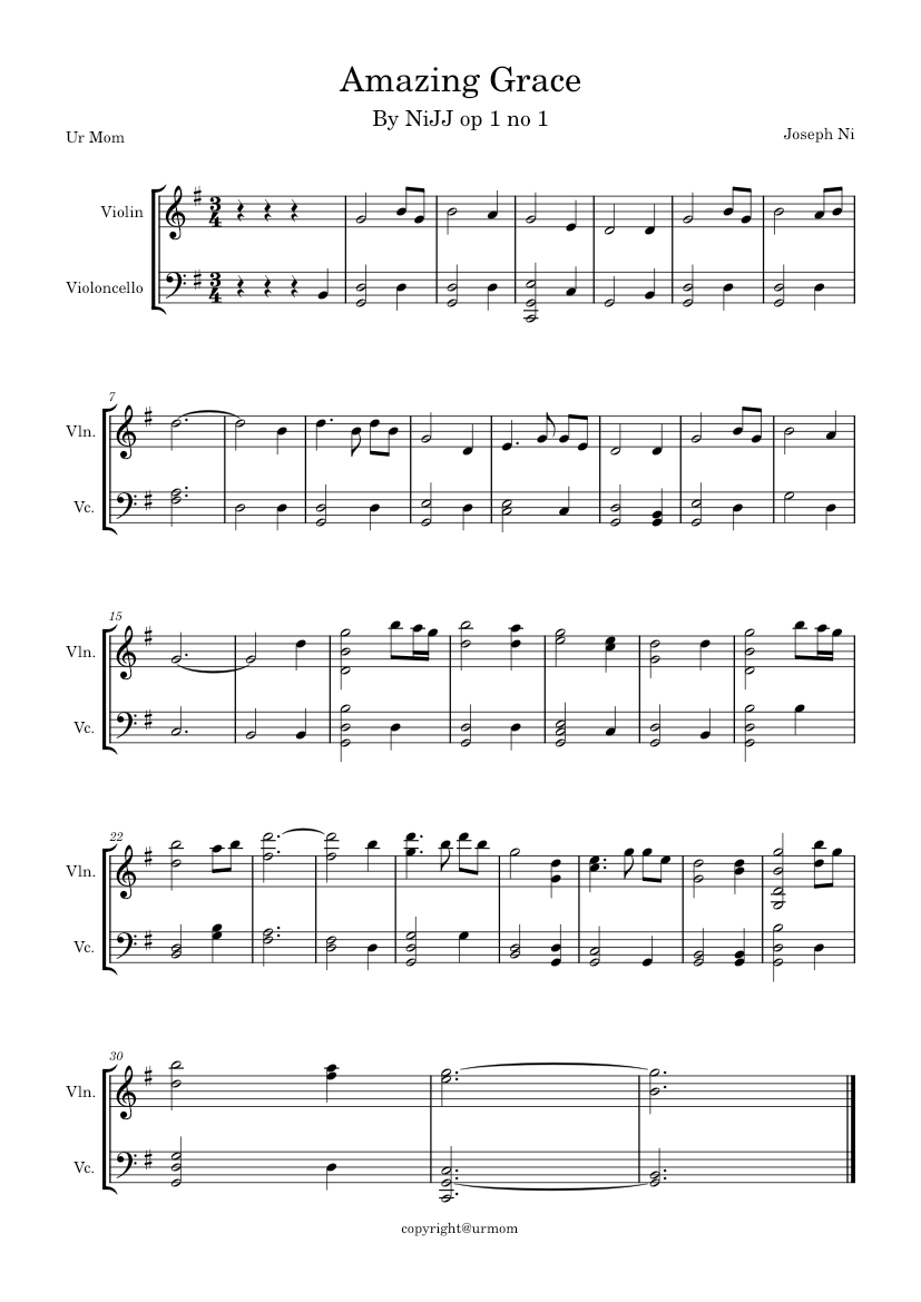 Amazing Grace – John Newton Amazing Grace Violin and Cello Duet Sheet ...