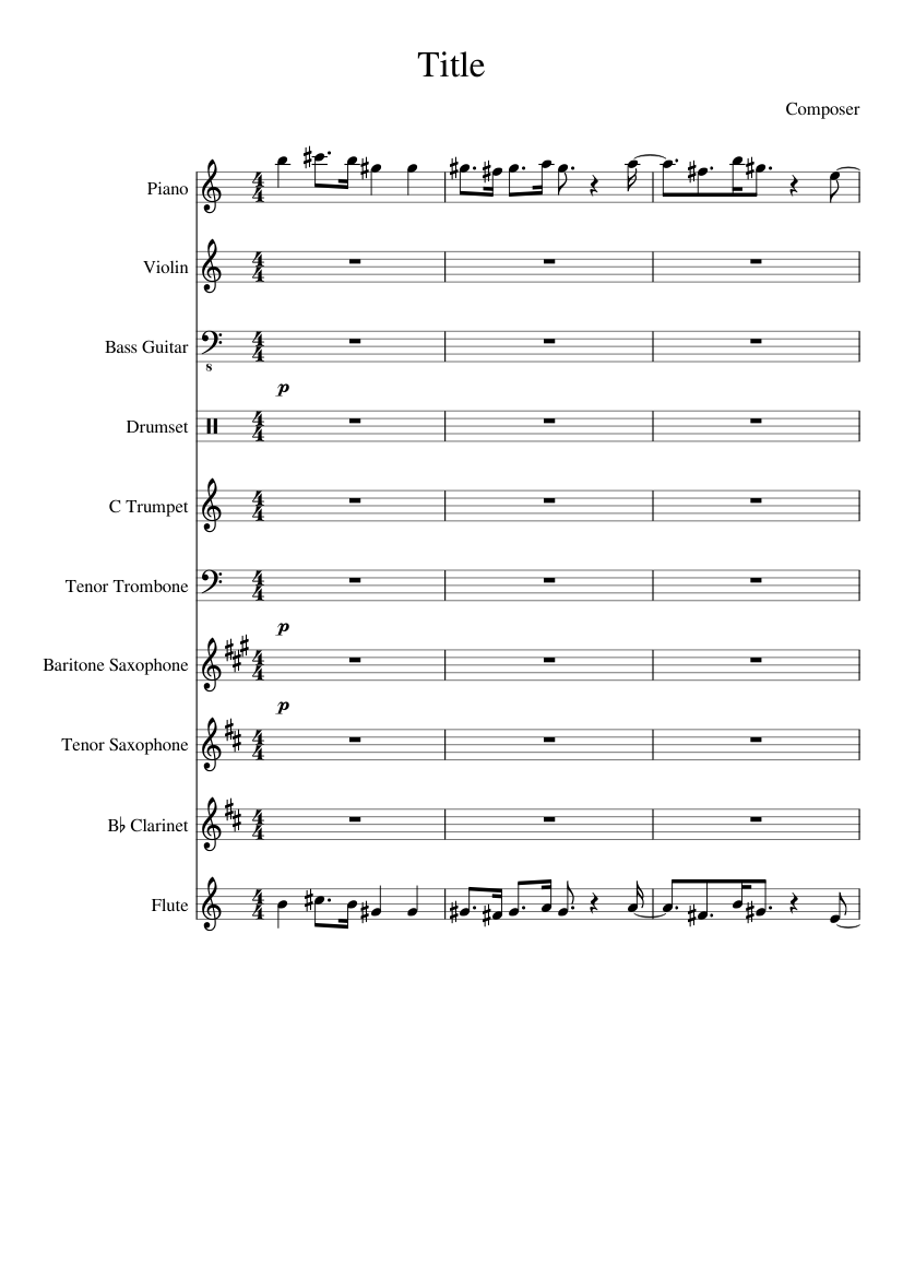 Fnaf mash up Sheet Music for Piano, Trombone tenor, Flute, Clarinet in ...