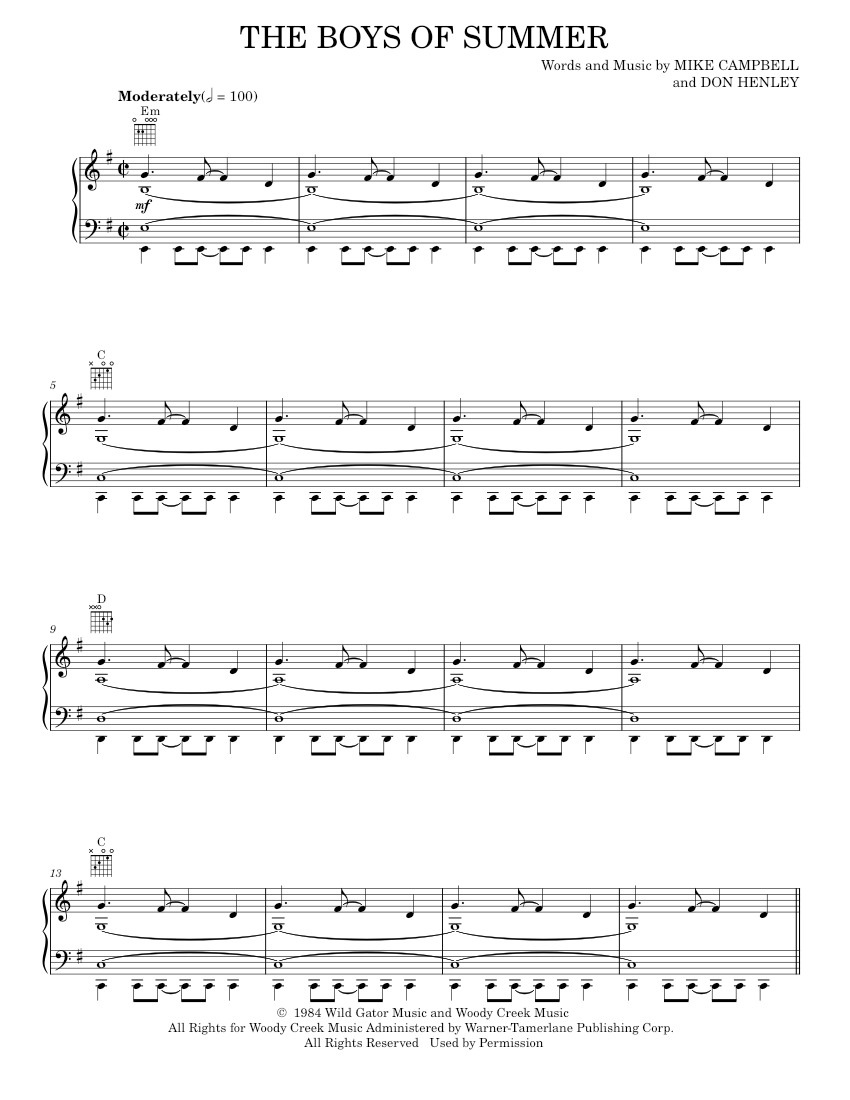 Play Official version of The boys of summer Sheet Music by Don Henley ...