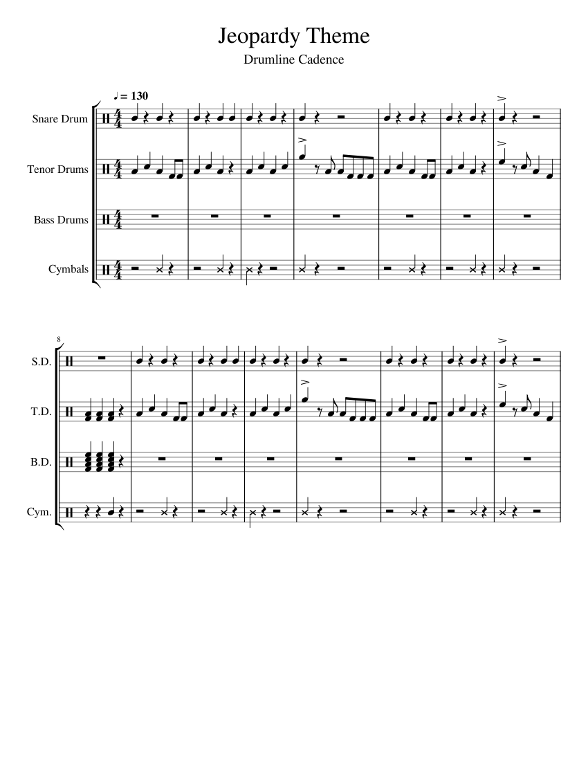 Jeopardy Theme Sheet music for Snare drum, Crash, Tenor drum, Bass drum ...