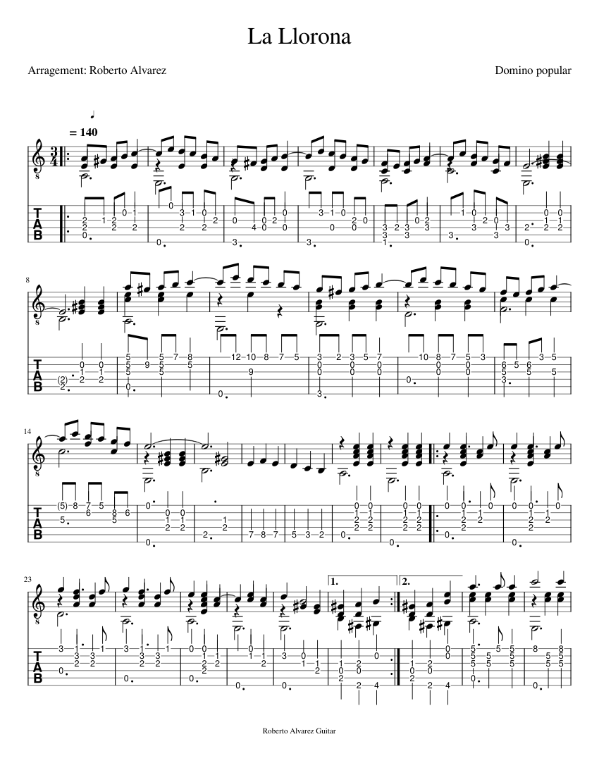 La Llorona Sheet Music and Tab for Guitar (Solo) | MuseScore.com
